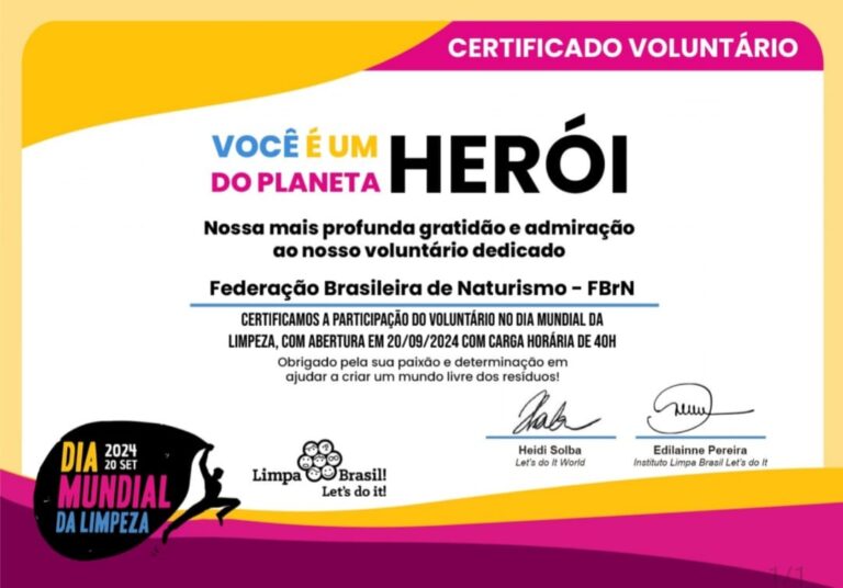 Certificado Dia Mundial da Limpeza 2024 | FBRN-Federação Brasileira de ...